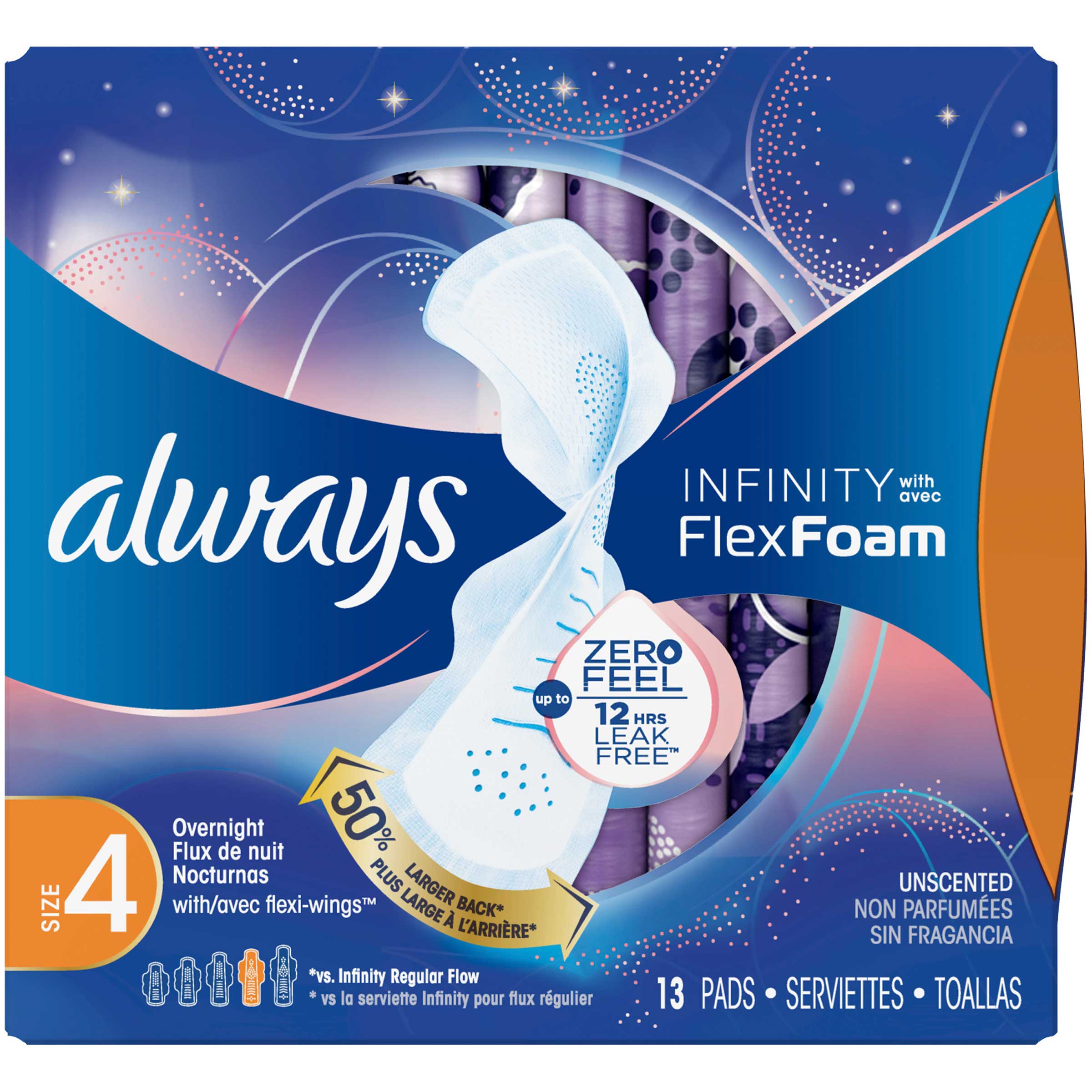 Always Overnight Infinity Pad with Wings, 13 count per pack -- 6 per case