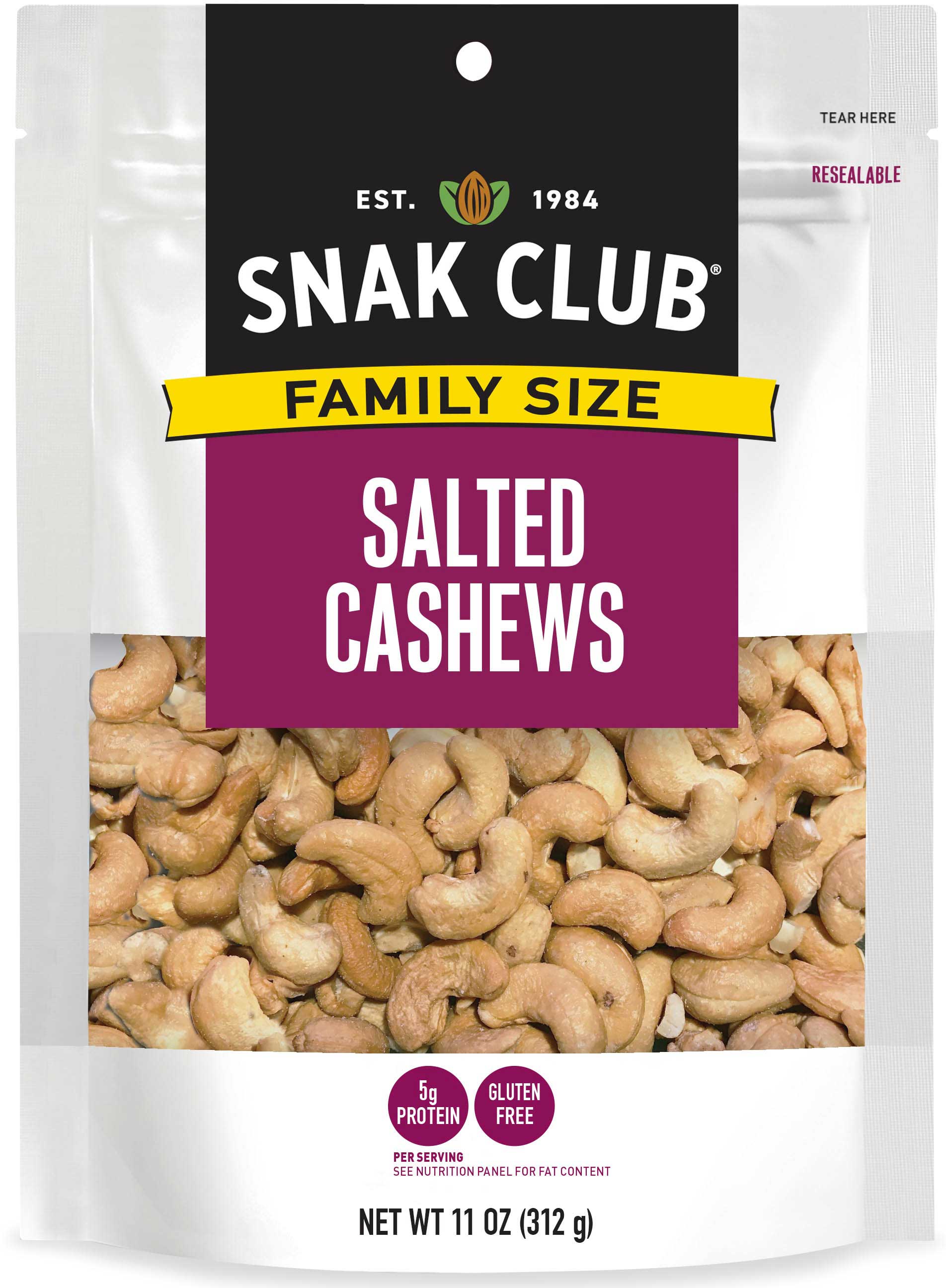 Century Snacks Snak Club Family Size Salted Cashews, 11 Ounce Bag -- 6 ...