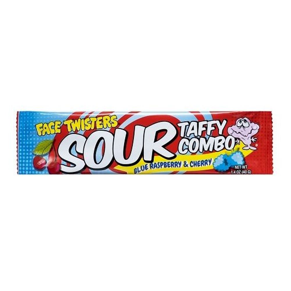 Face Twisters Blue Raspberry and Cherry Sour Taffy Combo Bar, 1.4 Ounce ...