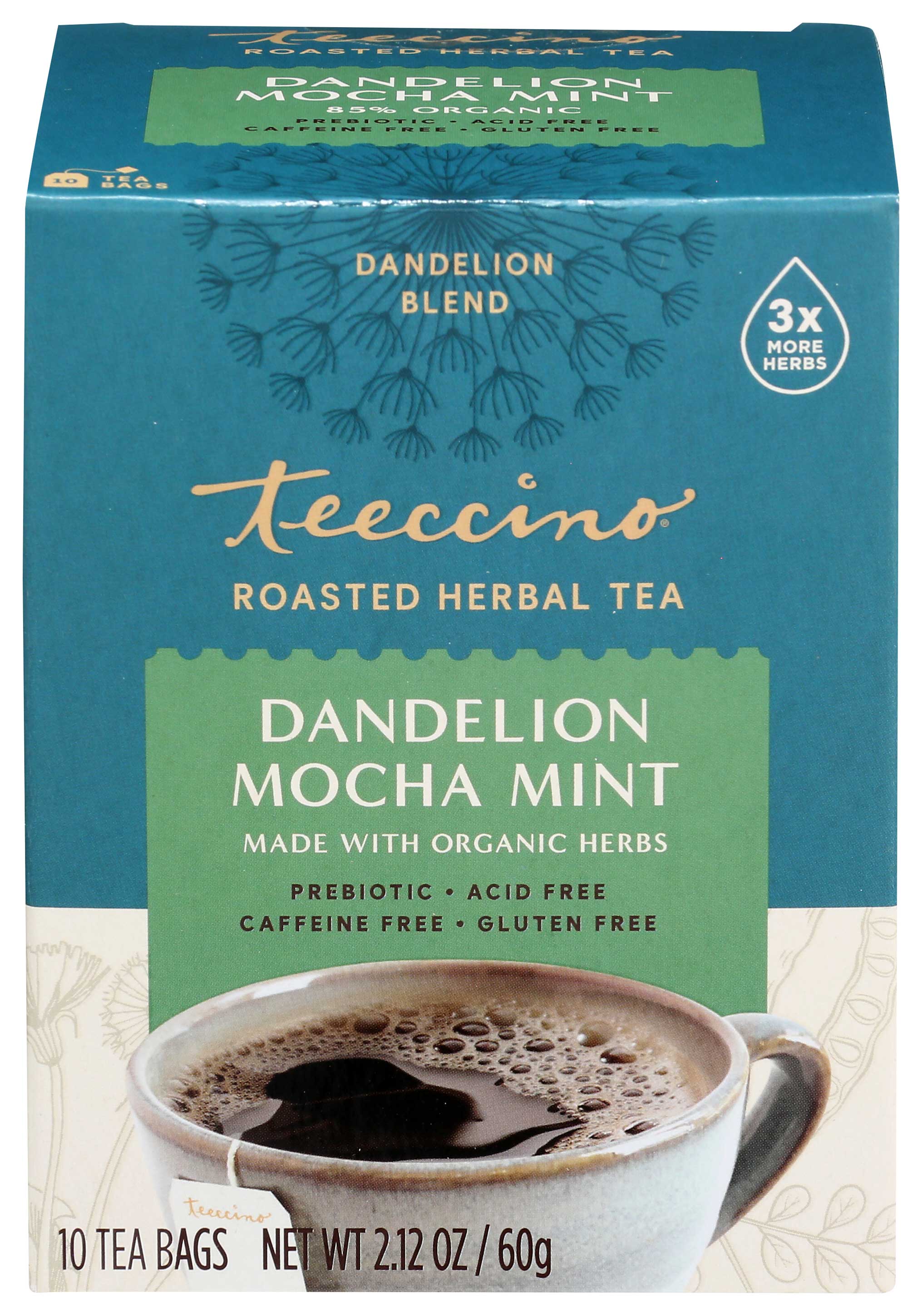 Teeccino Organic Dandelion Mocha Mint Herbal Tea, 10 tea bags per pack -- 6 per case.