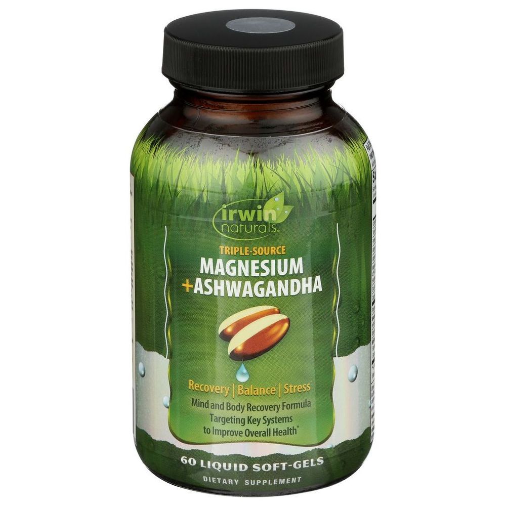 Irwin Naturals Triple Source Magnesium Plus Ashwagandha Liquid Soft Gel ...