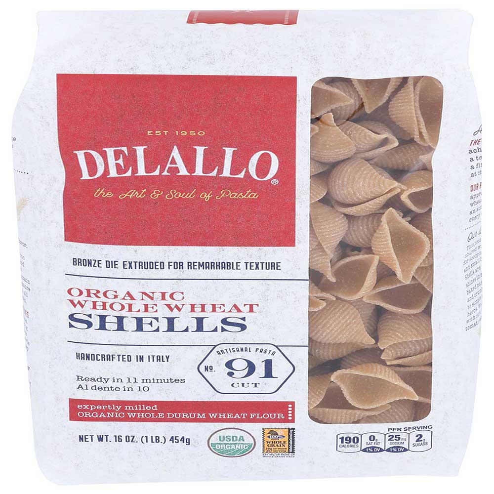Delallo Organic Whole Wheat Shell Pasta, 16 Ounce -- 8 per case