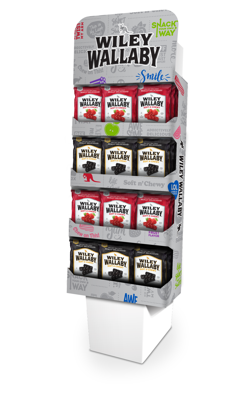 Wiley Wallaby Red and Black Licorice, Display Shipper -- 48 per case