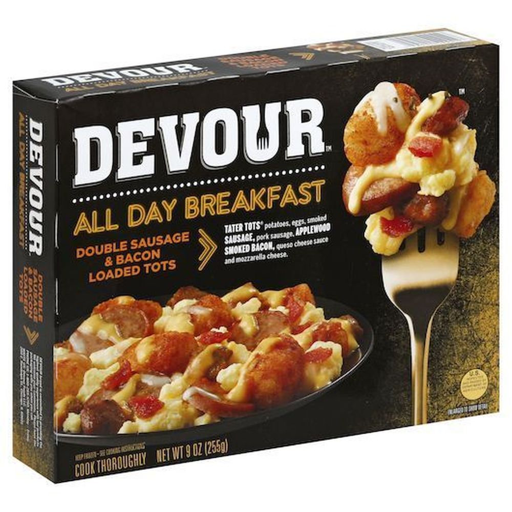 Devour All Day Breakfast Double Sausage and Bacon Loaded Tots ...