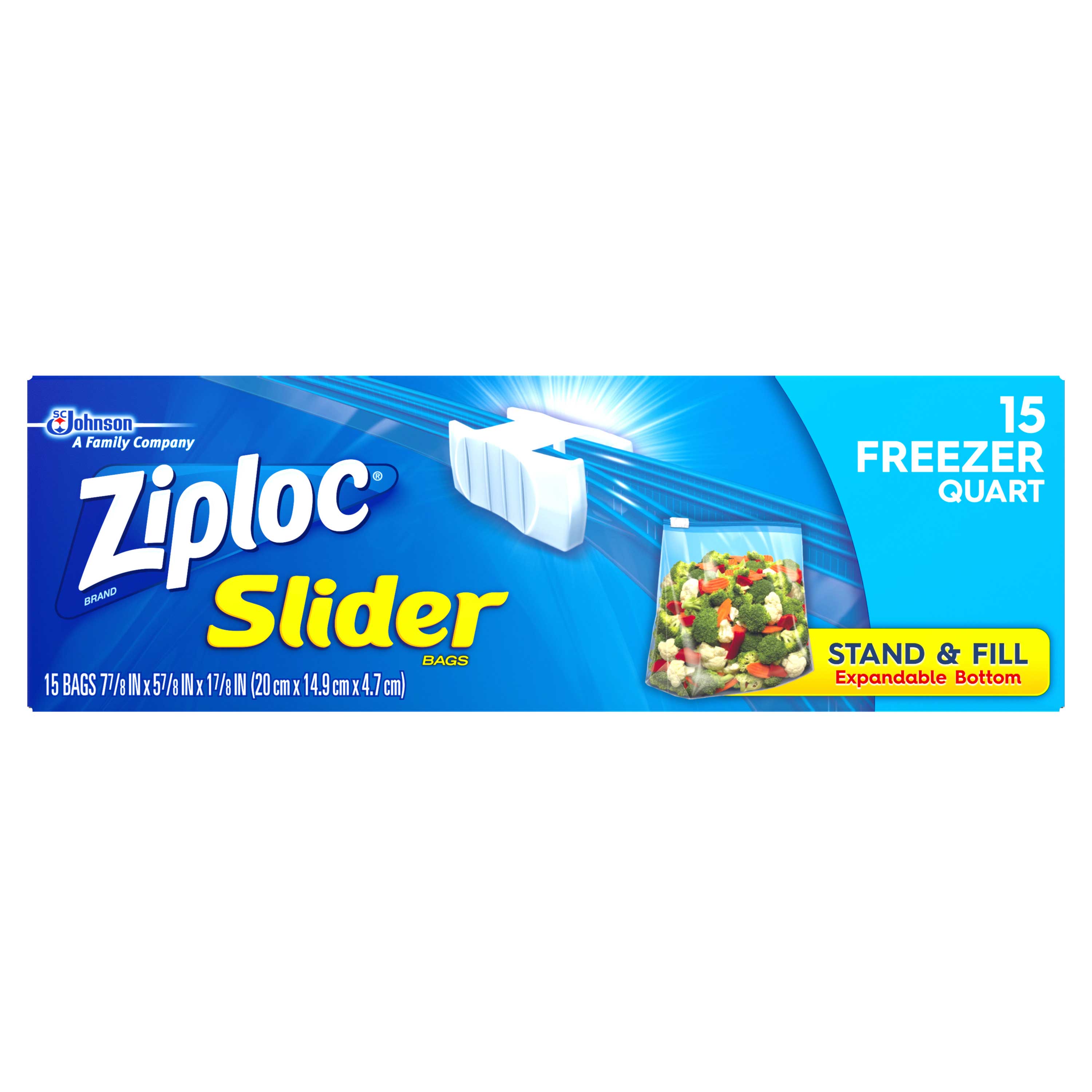 Ziploc Freezer Quart Slider Bag, 15 count per pack -- 12 per case.