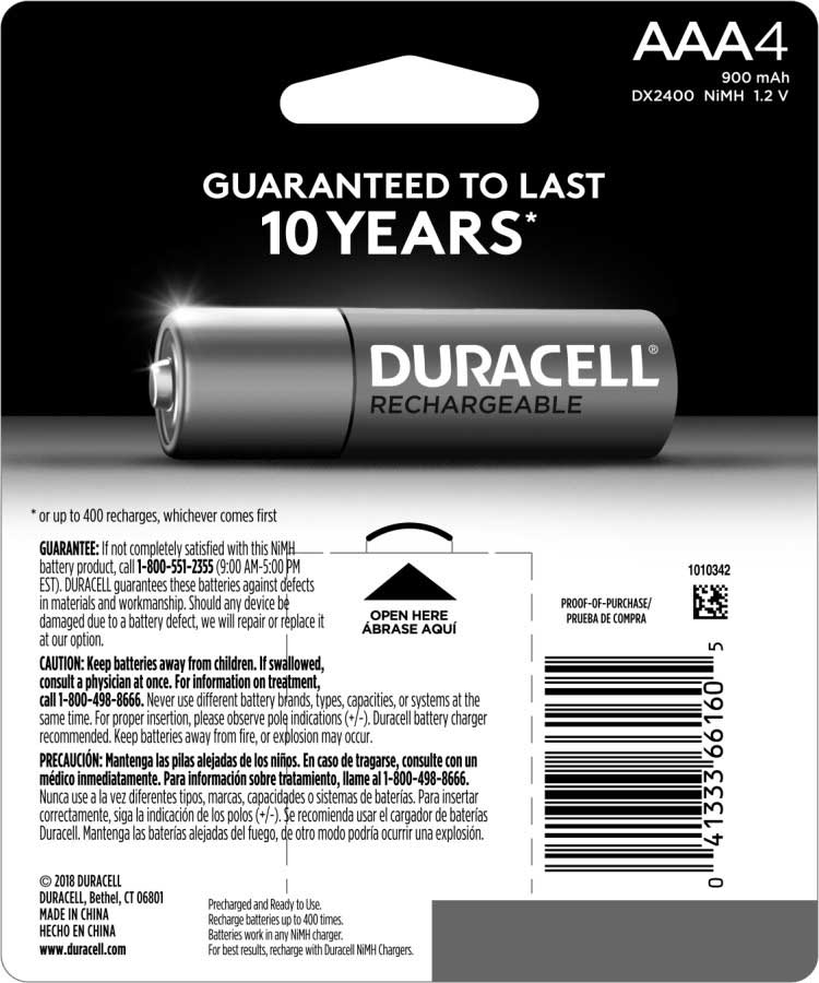 Duracell AAA4 Nickel Metal Hyrdride LSD Rechargeable Major Cell, 4 ...