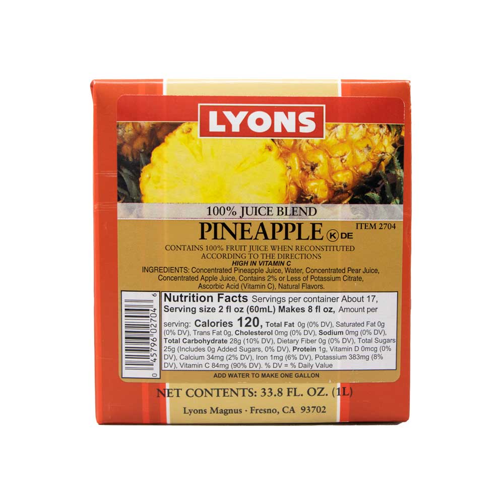 Lyons Pineapple 100 Percent Juice Blend, 33.8 Ounce -- 12 per case