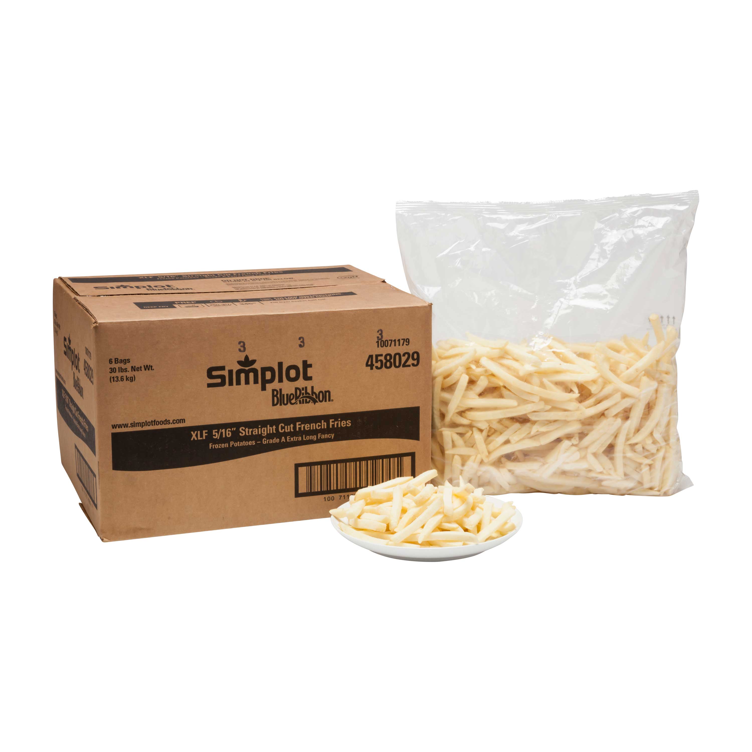 Simplot Blue Ribbon Straight Cut Potato Fries, 5 Pound -- 6 per case.