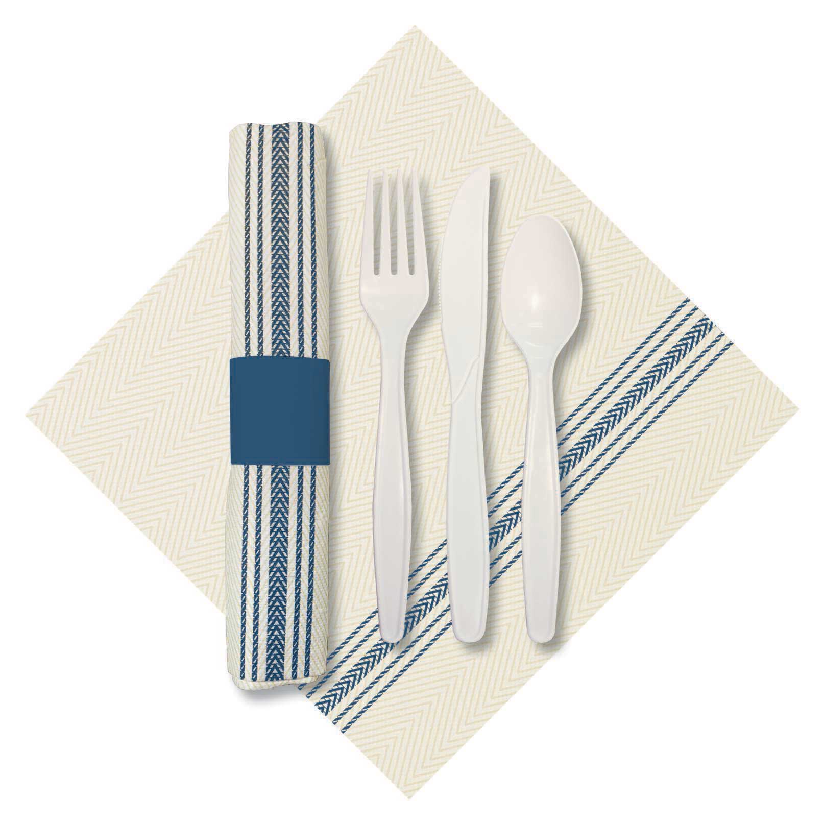 Hoffmaster CaterWrap Blue Pre Rolled Ticking Stripe Dinner Napkin with ...