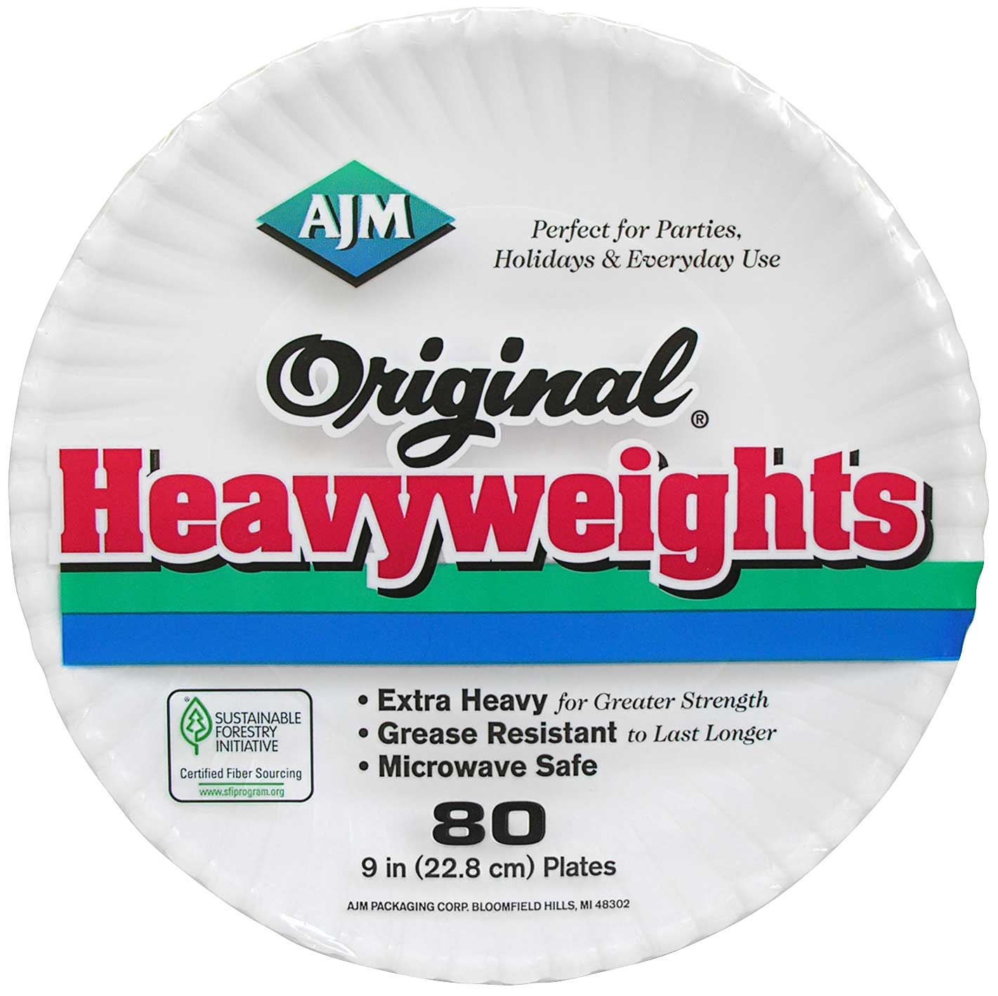AJM Original Heavyweight Paper Plate, 80 count per pack -- 12 per case.