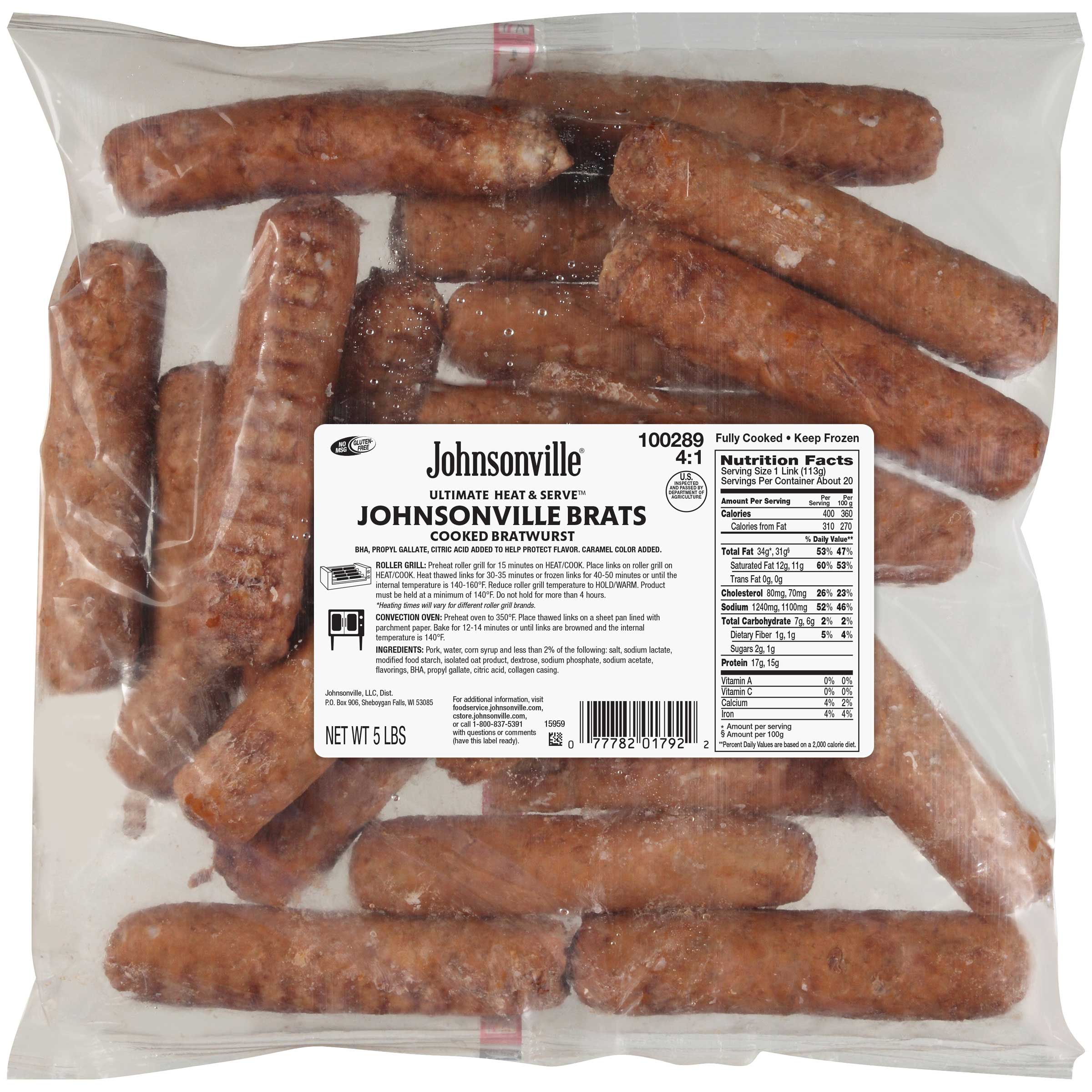 Johnsonville 4 :1 Ultimate Heat and Serve Brat, 5 Pound -- 2 bags per case.