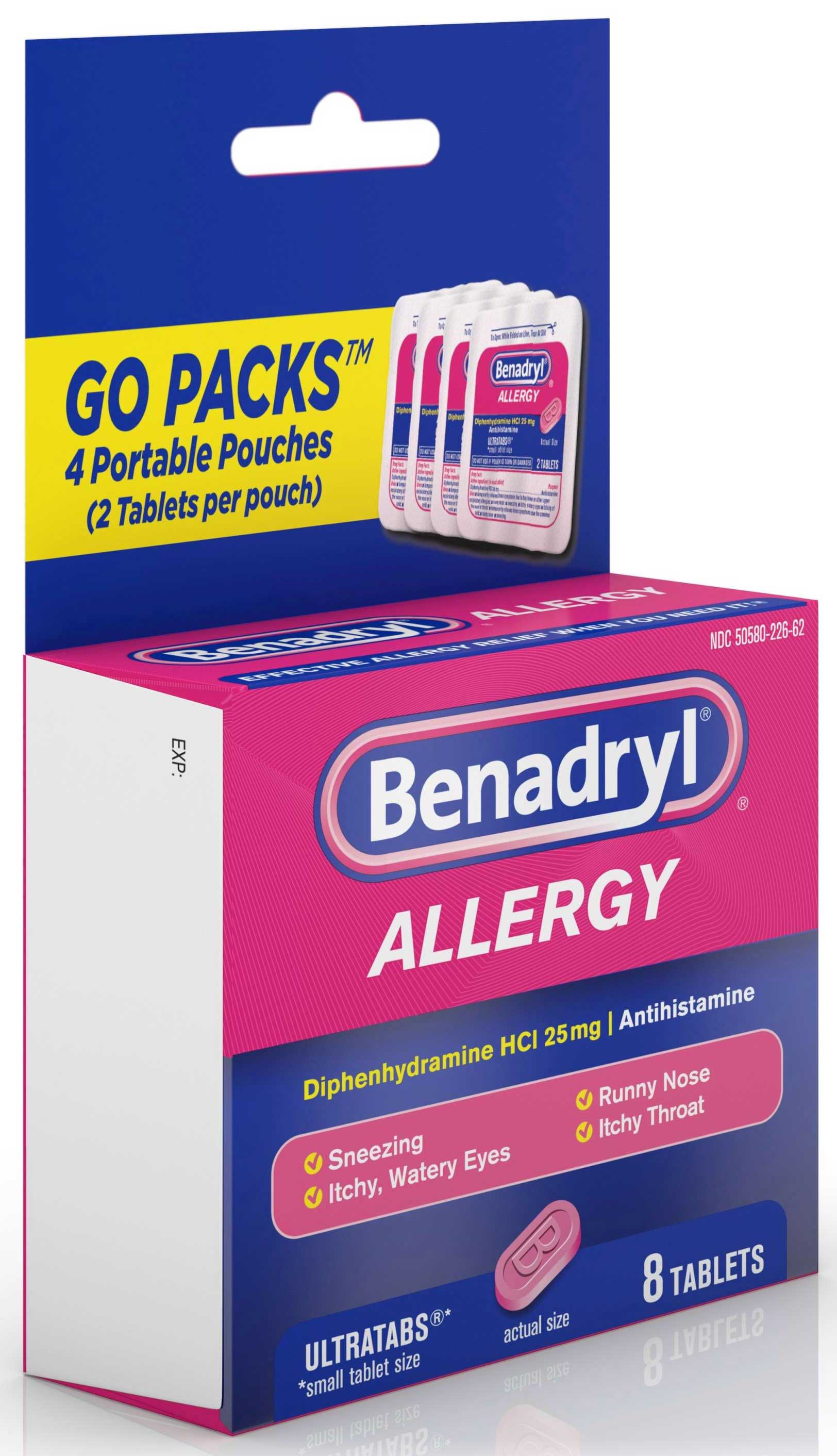 Benadryl Go Pack Allergy Tablet, 8 per unit -- 72 per case