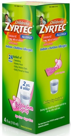 Zyrtec Allergy Sugar Free Bubblegum Syrup, 4 Fluid Ounce -- 36 per case.