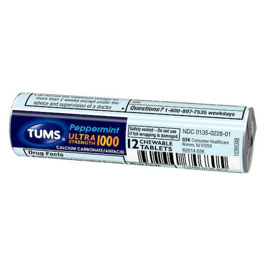 Tums Ultra Strength 1000 Peppermint Chewable Tablet - 12 count per pack ...