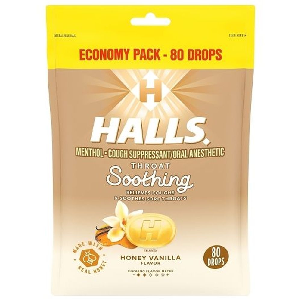 Halls Throat Soothing Honey Vanilla Cough Drops, 80 count -- 12 per case