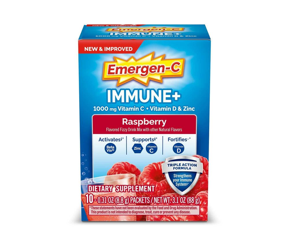 Emergen-C Immune Plus Raspberry with Triple Action Fizzy Drink Mix, 10 ...