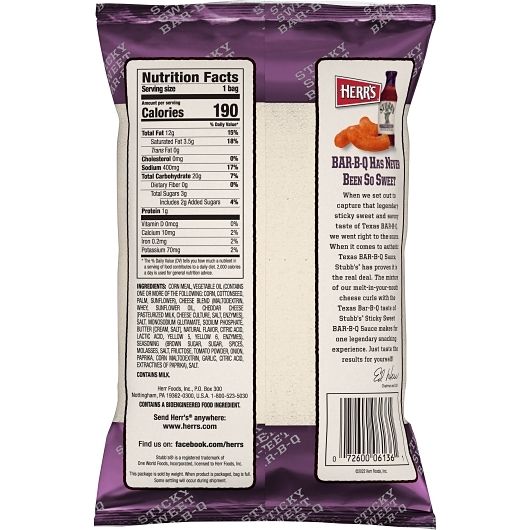 Herrs Stubbs Sticky Sweet BBQ Cheese Curls Case | FoodServiceDirect