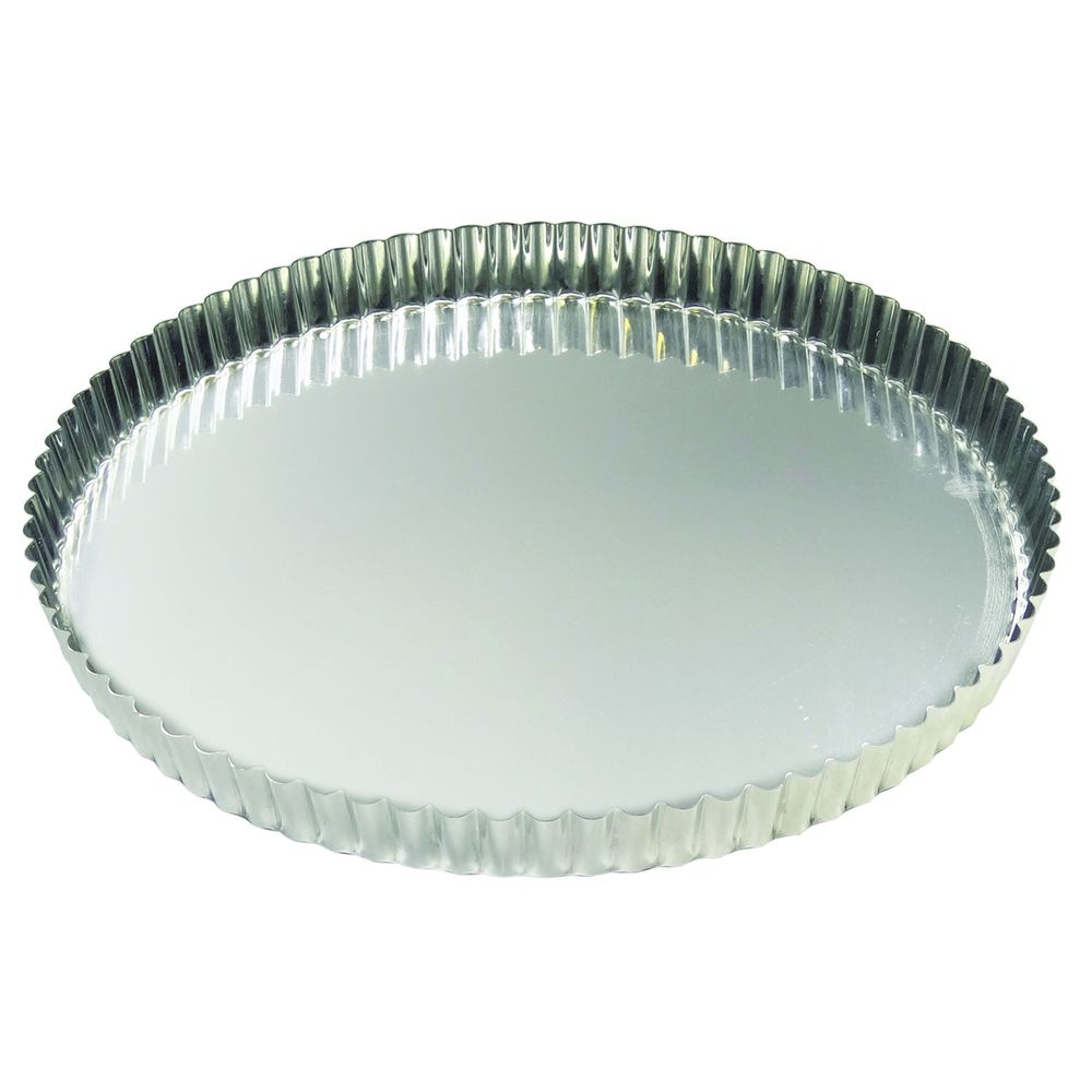 Gobel Tin Plate Round Fluted Tart Mold with Fixed Bottom, 12.2 inch Dia x 1 inch Height Cavity