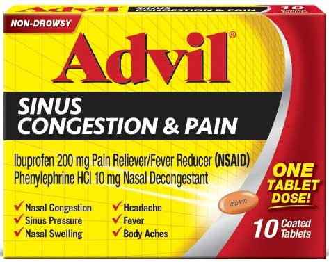 Advil Sinus Congestion and Pain Relief Tablet, 10 count per pack -- 72 ...