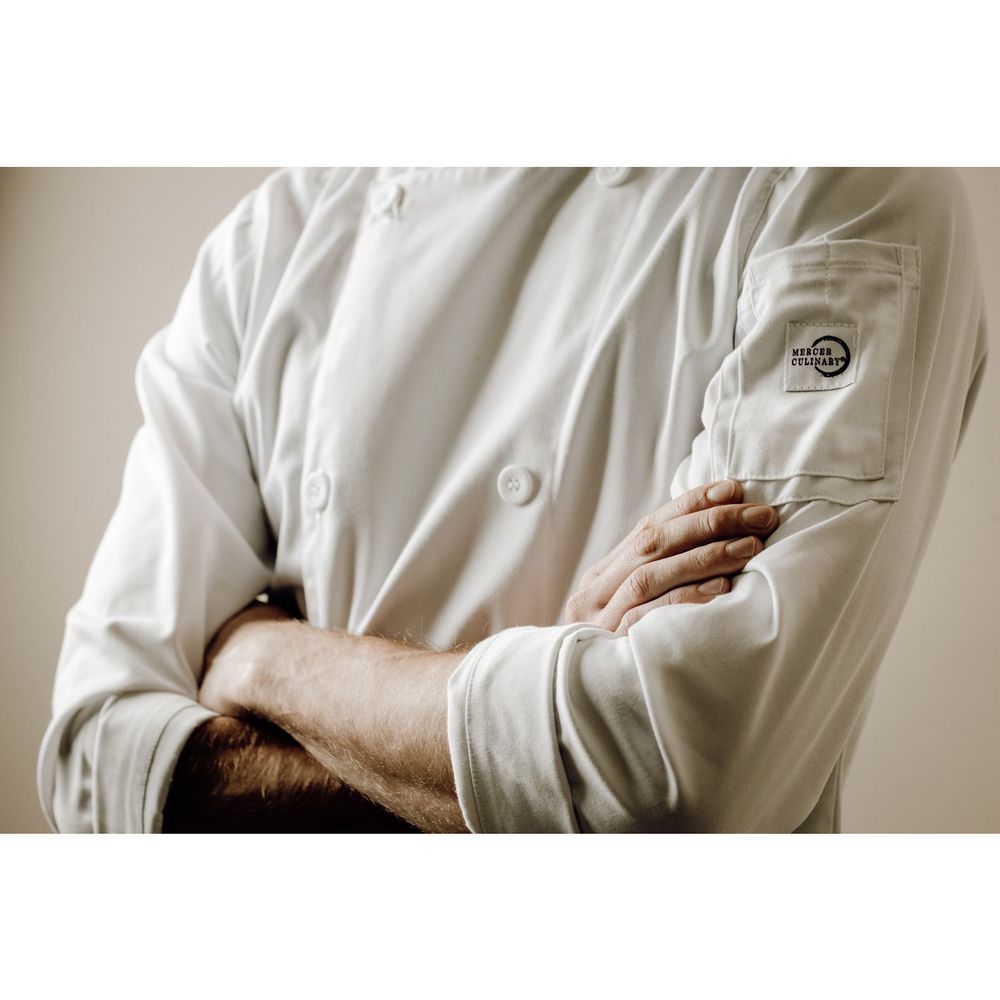 Mercer Culinary White Medium Genesis Unisex Jacket with Traditional Buttons