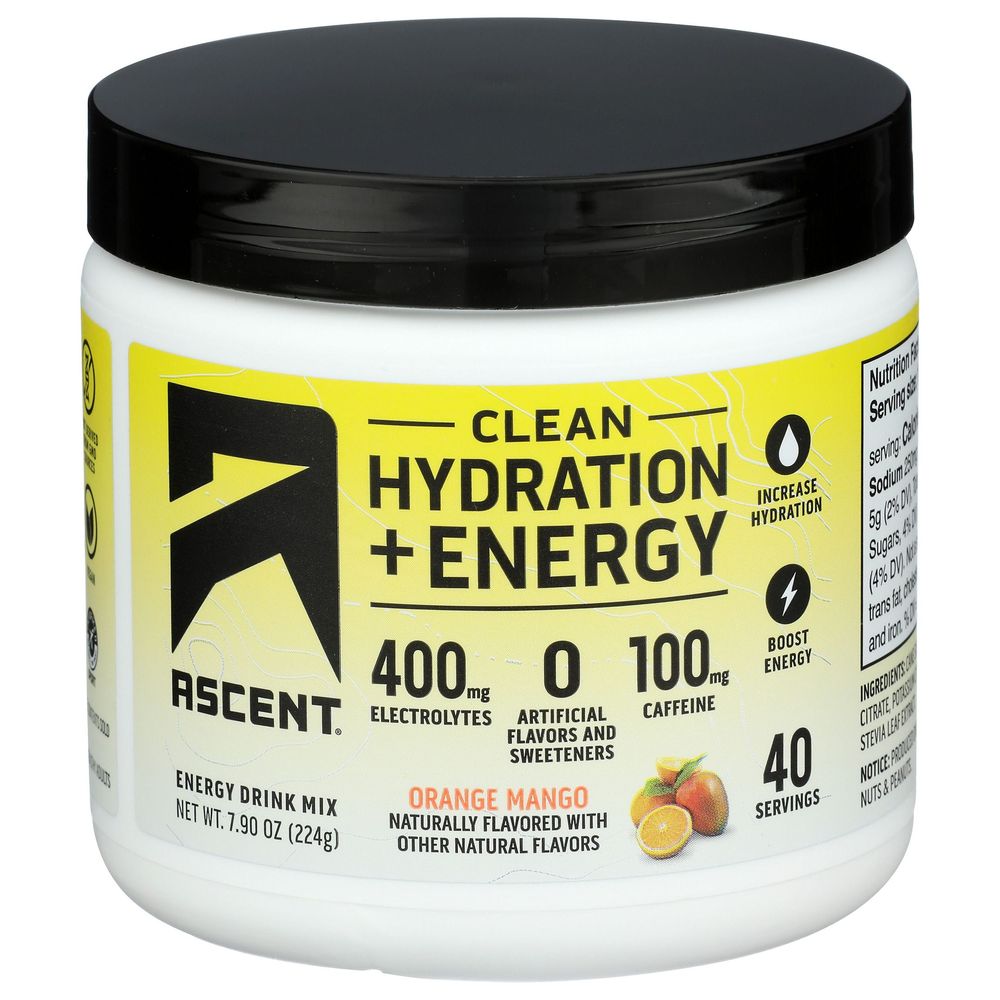 Ascent Orange Mango Clean Hydration Plus Energy Drink Mix, 7.9 Ounce