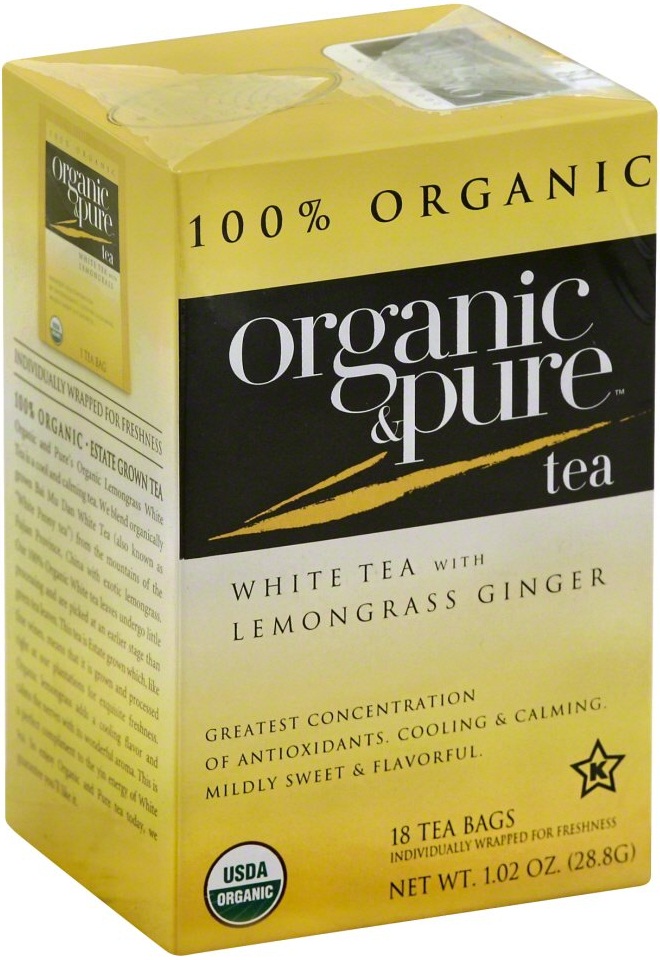 Organic & Pure White Lemongrass Ginger Tea, 18 tea bags per pack -- 6 ...