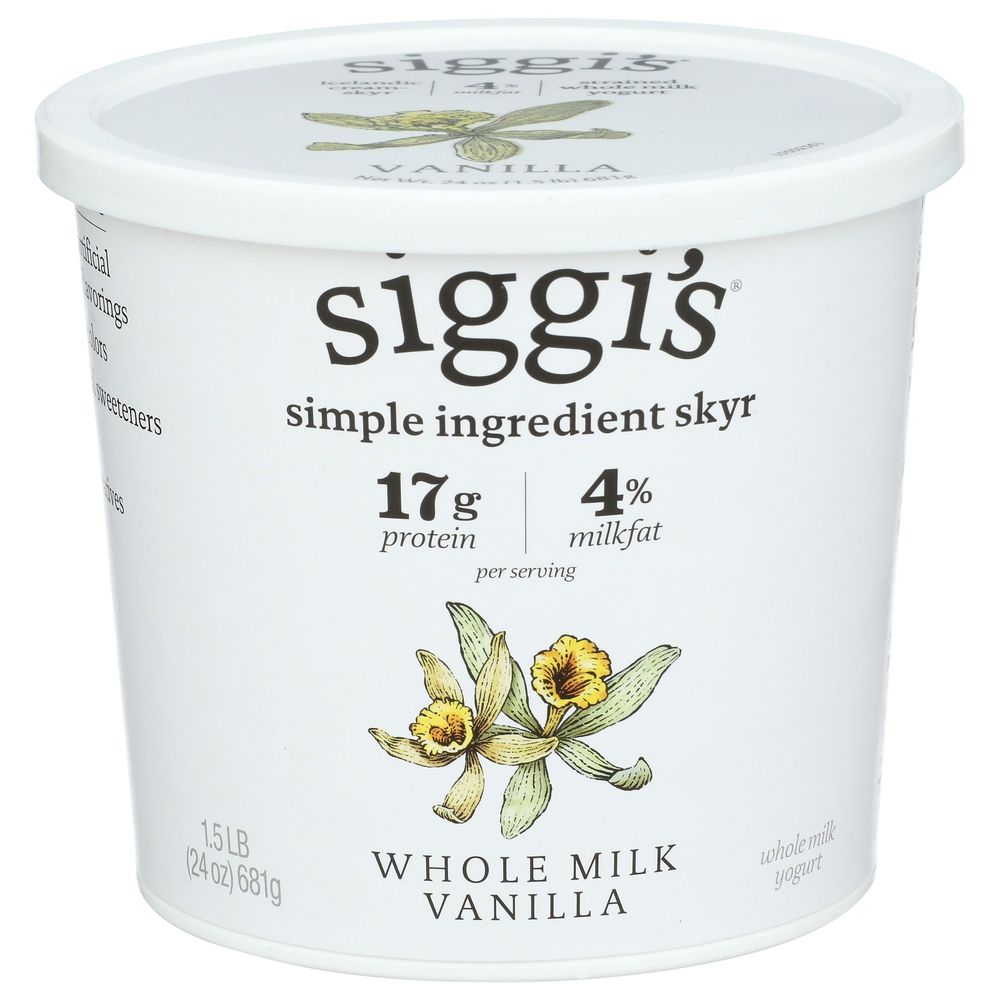 Siggis Vanilla Icelandic Skyr Whole Milk Yogurt, 24 Ounce -- 6 per case.