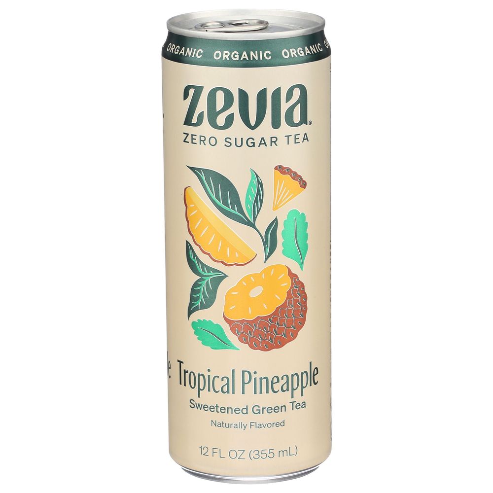 Zevia Zero Sugar Organic Tropical Pineapple Sweetened Green Tea, 12 Fluid Ounce -- 12 per case