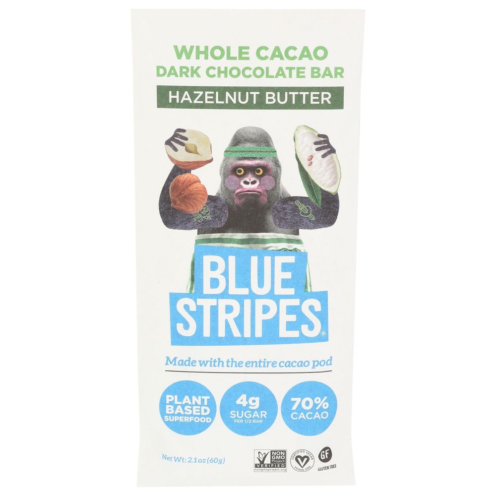 Blue Stripe Hazelnut Butter Whole Cacao Dark Chocolate Bar ...