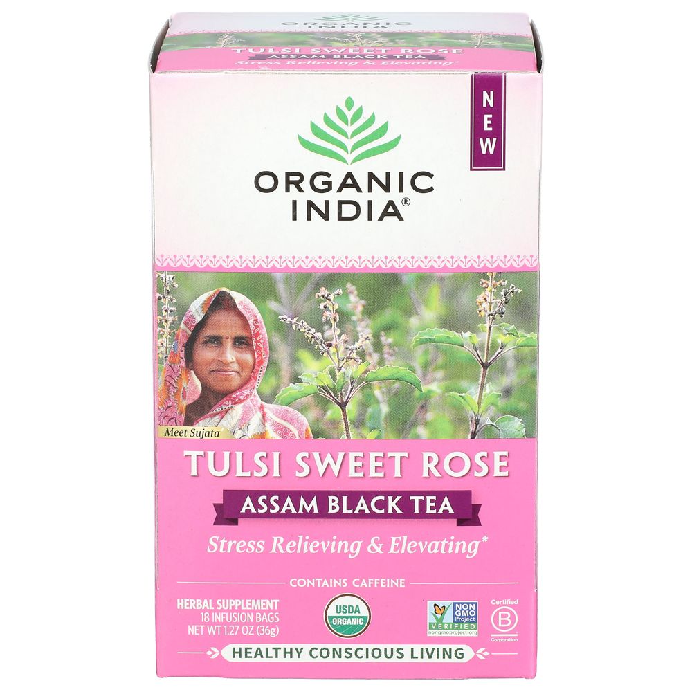 Organic India Tulsi Sweet Rose Assam Black Tea, 18 tea bags -- 6 per case
