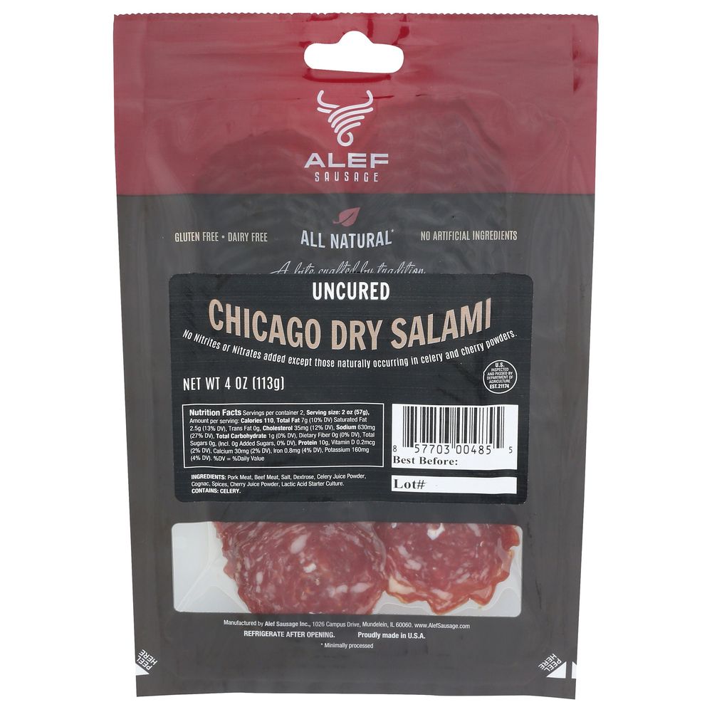 Alef Sausage All Natural Uncured Chicago Dry Salami, 4 Ounce -- 10 per case