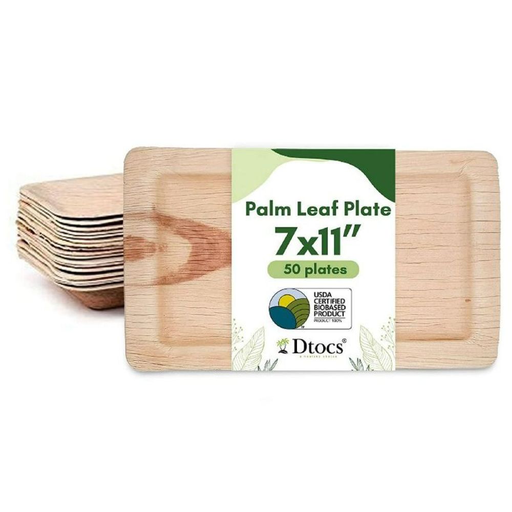 Dtocs Palm Leaf 7 inch x 11 inch Rectangle Disposable Plate -- 50 per case