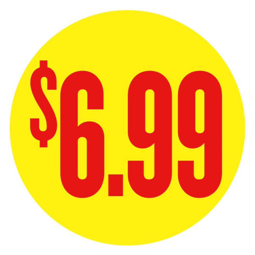 Bollin Label Yellow/Red $6.99 Circle Label, 2 x 2 inch - 1000 per roll