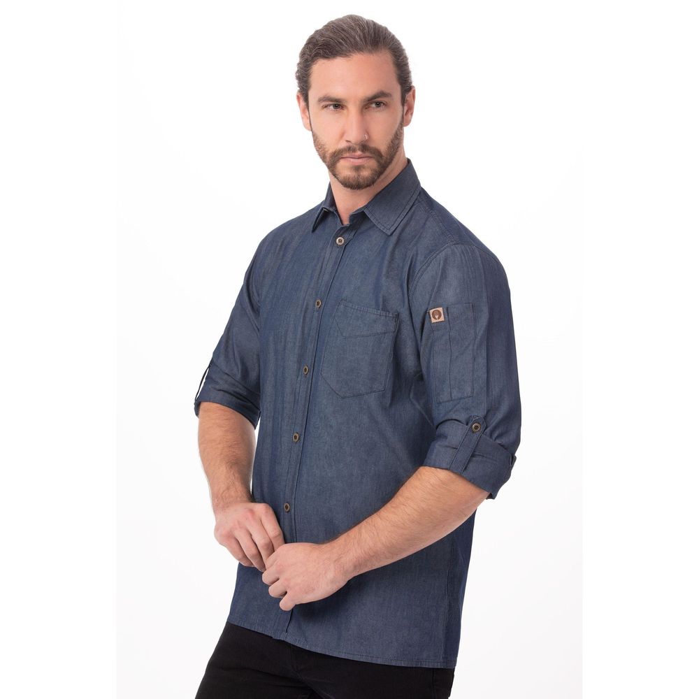 Chef Works Indigo Blue Large Modern Fit Detroit Long Sleeve Denim Shirt for Men