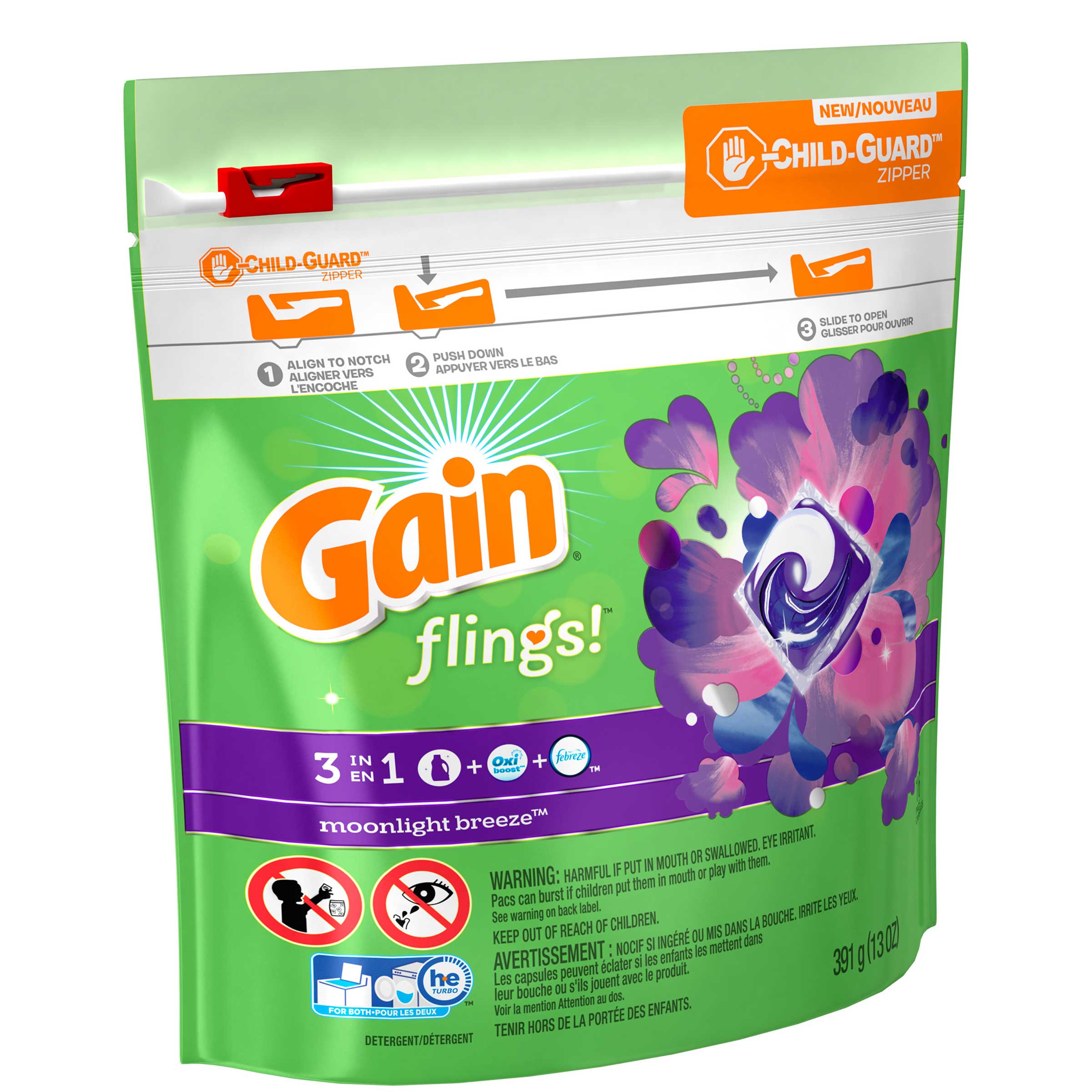 Gain Pods Flings Moonlight Breeze Detergent Liquid, 16 count per pack ...