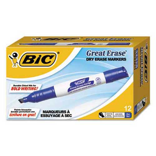 BIC Great Erase Grip Chisel Tip Dry Erase Marker, Blue, Dozen