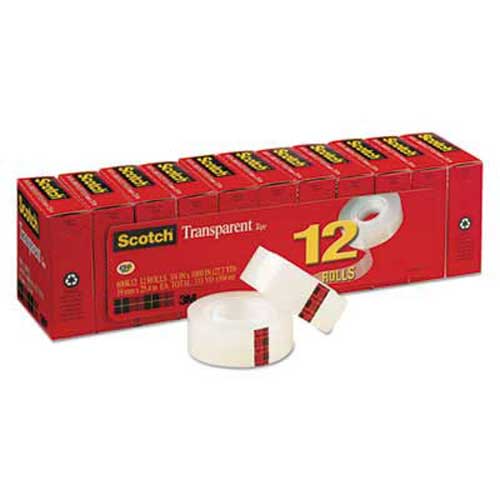 Scotch Transparent Tape, 3/4 inch x 1000 inch, 1 inch Core, Clear, 12/Pack