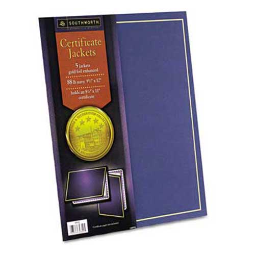 Southworth Certificate Jacket, Navy w/Gold Border, 88 lbs., 9-1/2 x 12 ...
