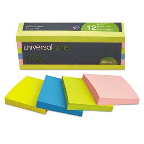 Universal One Self-Stick Notes, 3 x 3, 4 Neon Colors, 12 100-Sheet Pads ...