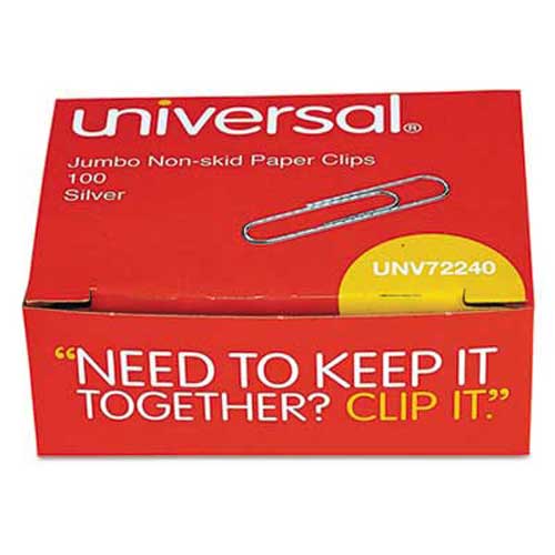 Universal Nonskid Paper Clips, Wire, Jumbo, Silver, 100/Box, 10 Boxes/Pack