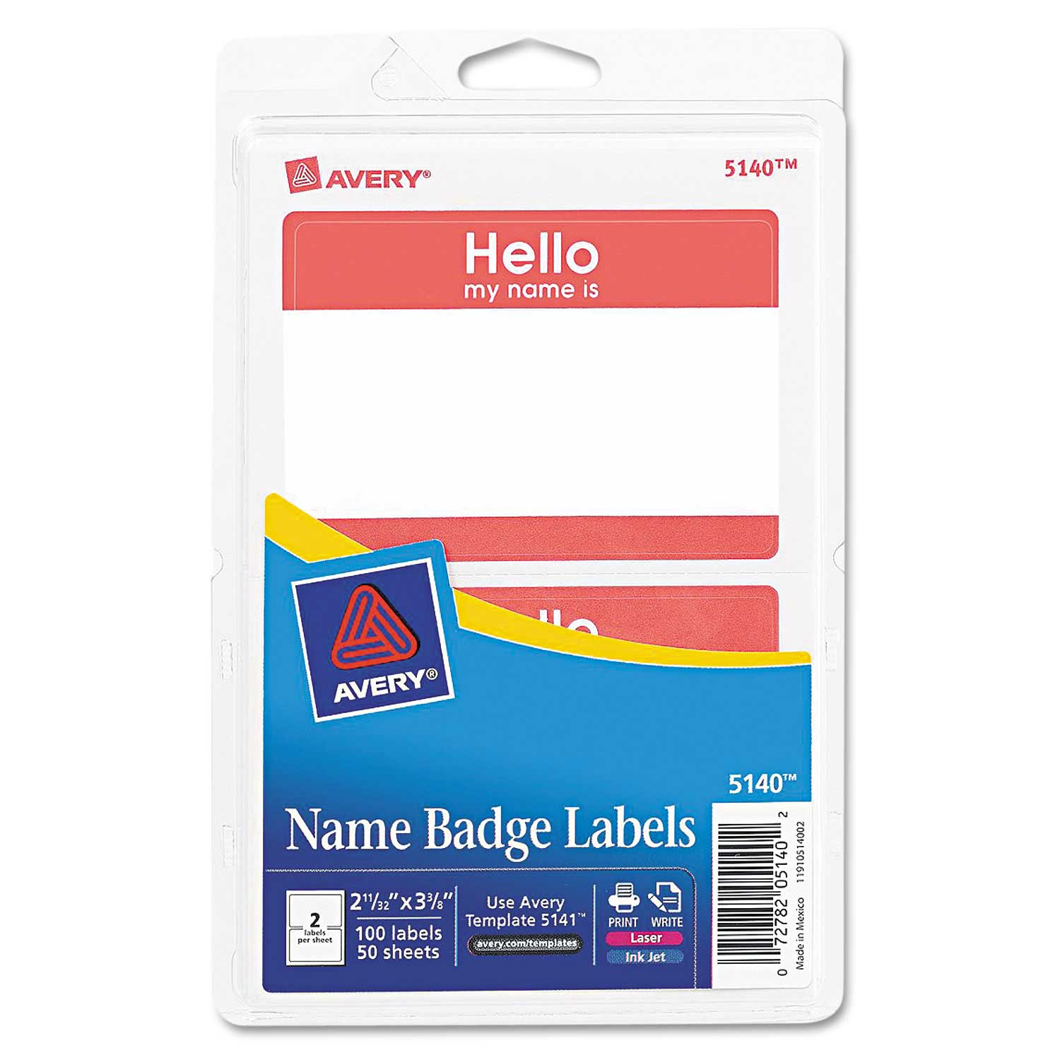 Avery Red Hello Printable Self-Adhesive Name Badge, 2 1/3 x 3 3/8 inch ...