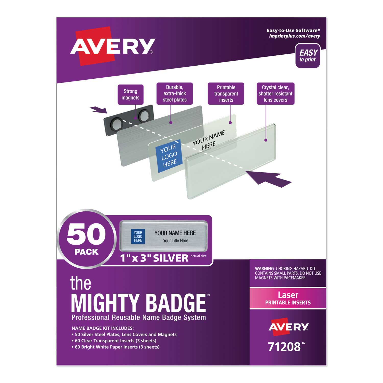 Avery The Mighty Badge Horizontal 3 x 1 Silver Name Badge Holder Kit ...