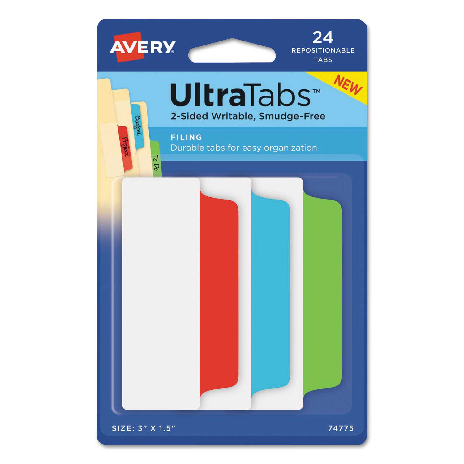 Avery Ultra Tabs Assorted Primary Colors Repositionable Wide Tabs, 3 x ...