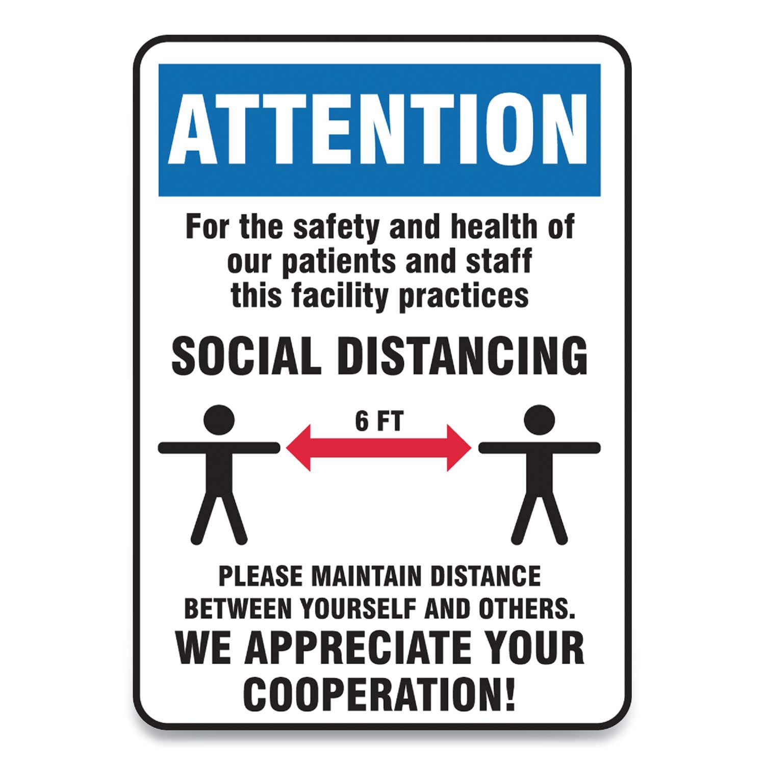 Accuform Blue/White Patients and Staff Social Distancing Wall Sign, 10 ...