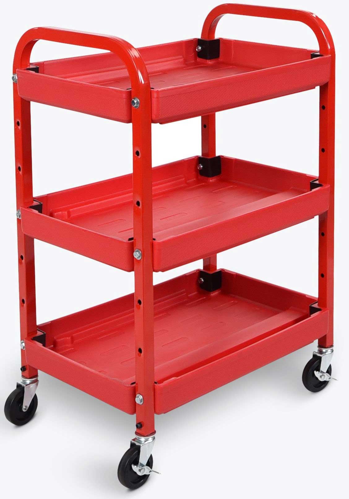 Luxor Red Adjustable Utility Cart with Three Shelves, 22 x 15 1/2 x 32 inch